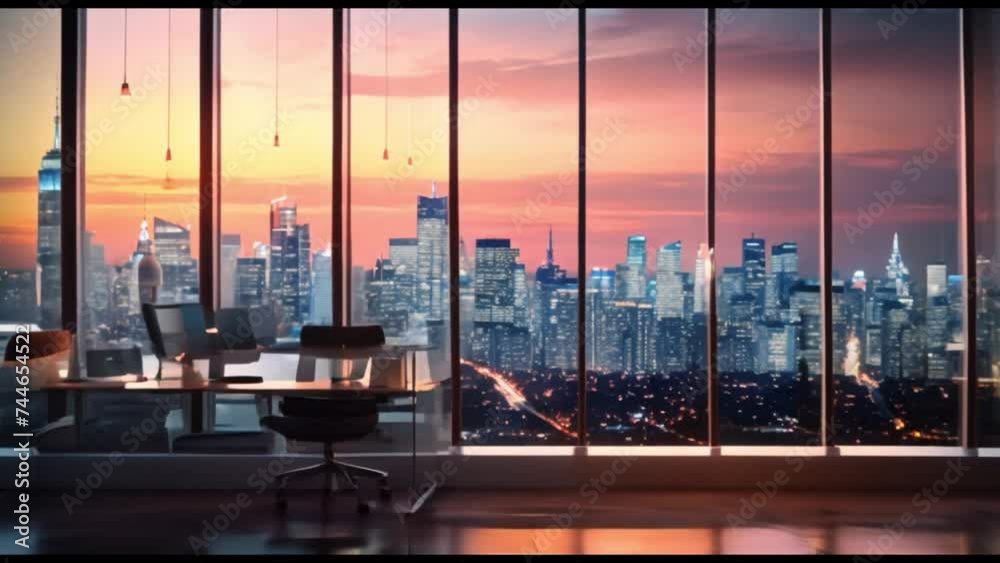 Luxurious modern office building space with views of the city skyline ...
