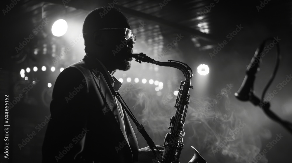 A focused saxophone player performing live on stage, illuminated by ...