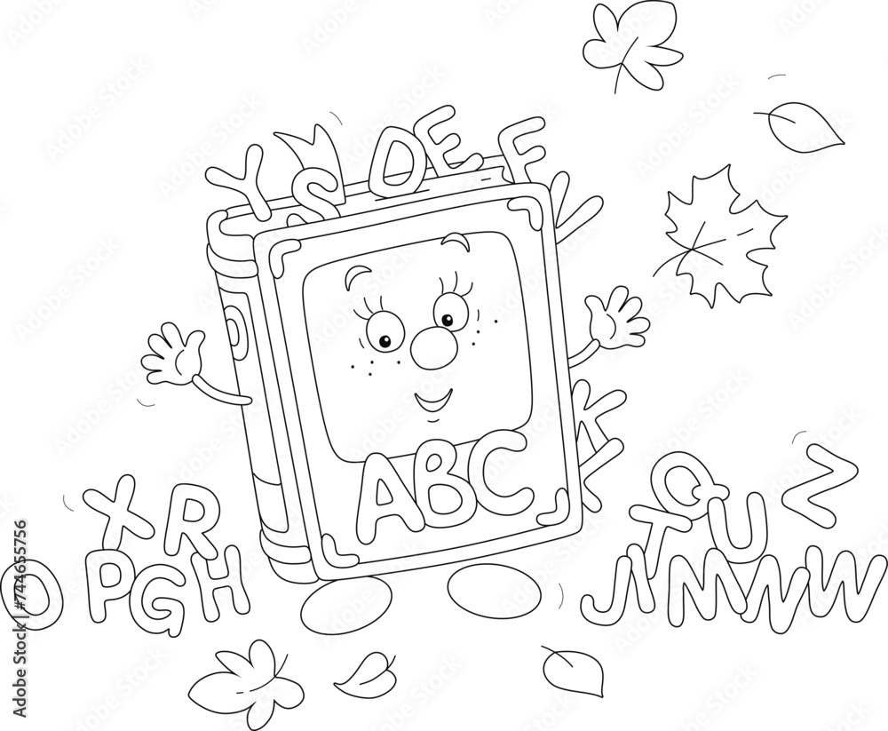 Funny cartoony ABC book surrounded by small letters, friendly smiling ...