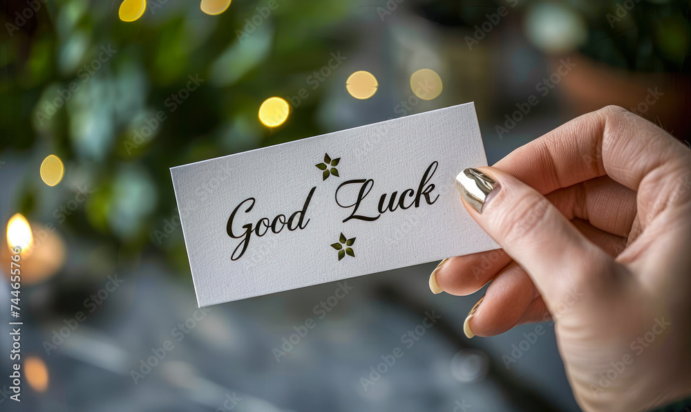 Hand holding a Good Luck card with elegant script font, a gesture of ...