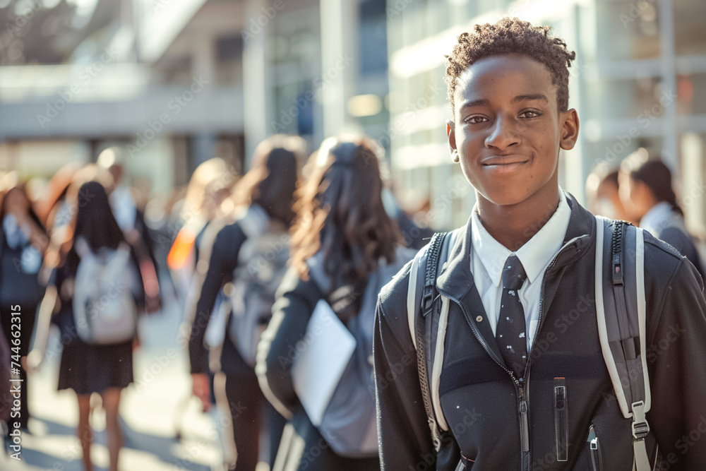 Student Smiling on Busy High School Campus. A young male student with a ...