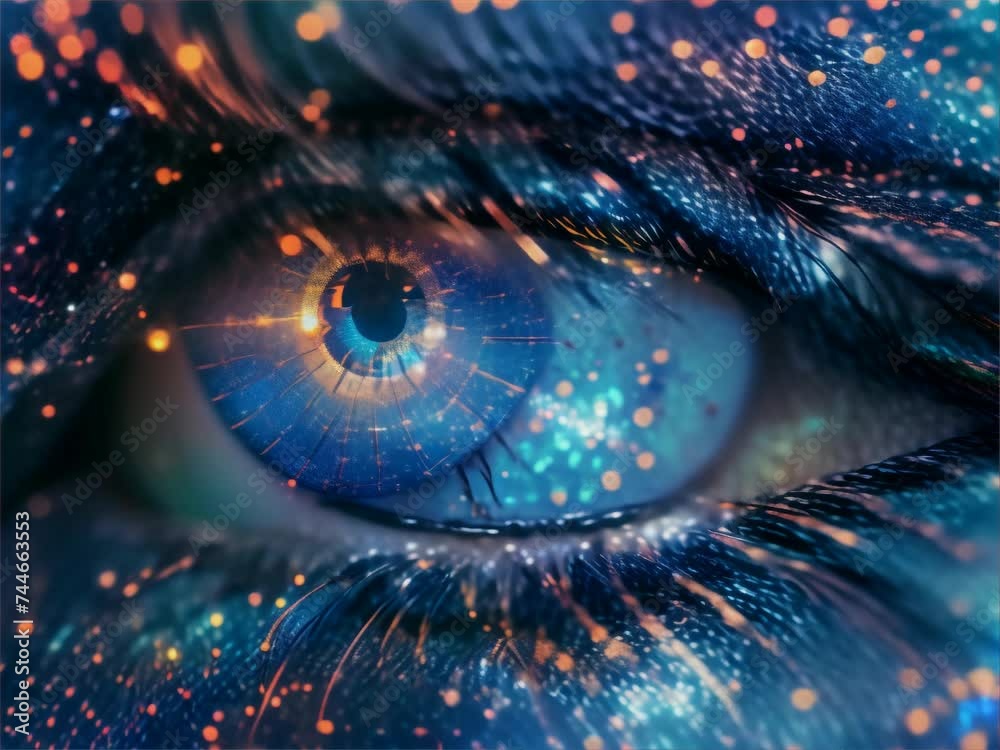 Close-up of a human eye with digital network patterns overlaying ...