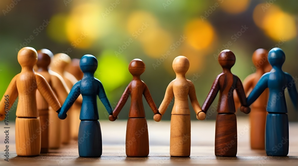 Different coloured wooden group of people from diverse culture holing ...