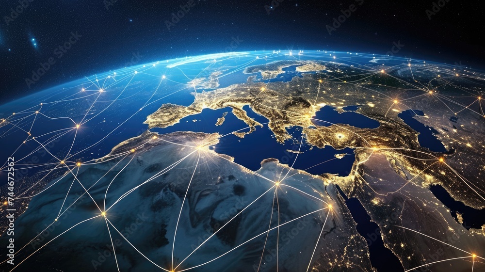 network and cables wires elegantly entwine the North Africa countries ...