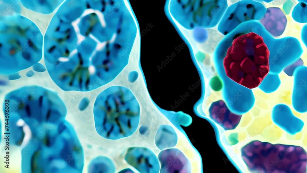 Microscopic structures, cells or pathogens with red nuclei in a network ...