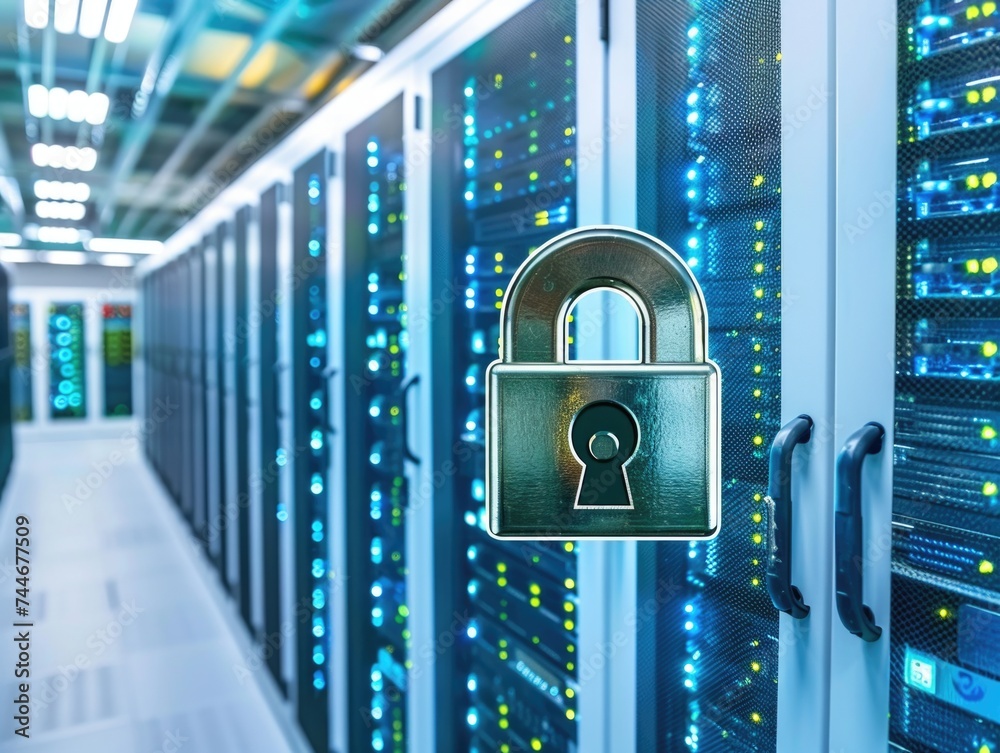 Secure Data Haven Padlock And Servers A Metallic Padlock Symbolically Securing A Corridor Of