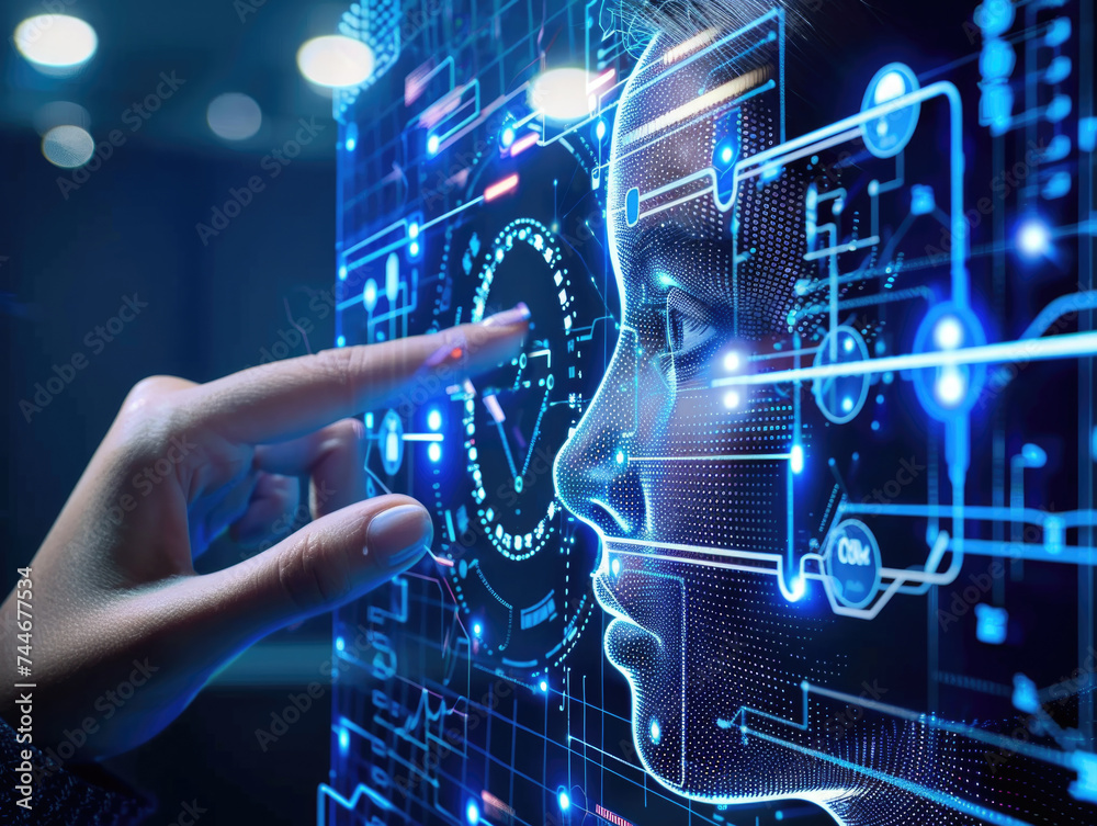 Touching the Digital Identity. A finger poised to touch a holographic ...