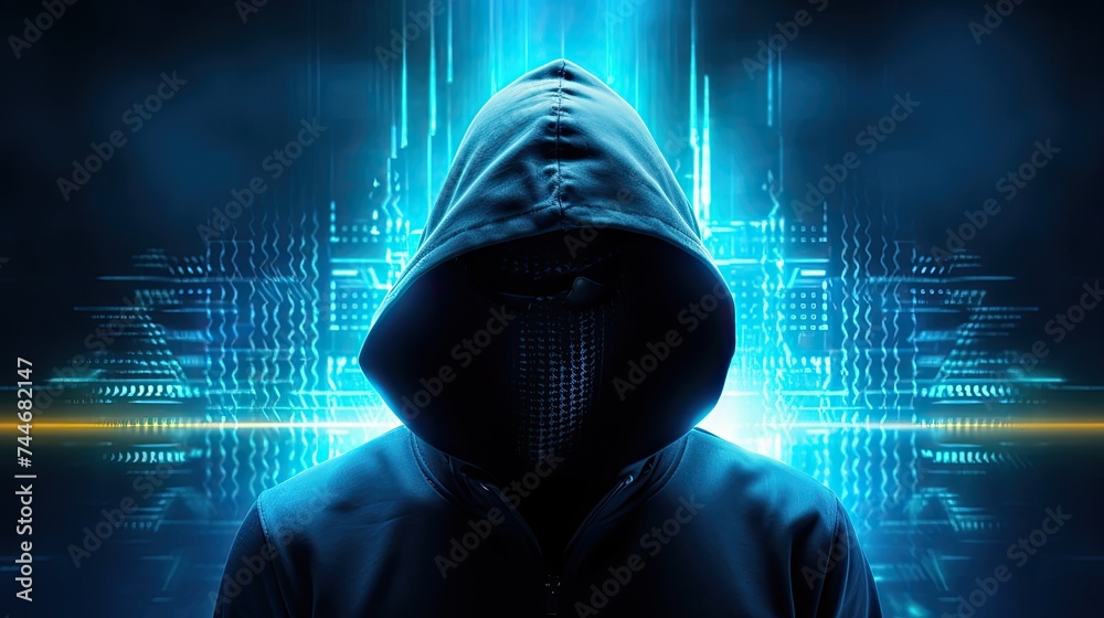 Abstract image of unrecognizable hacker cyber criminal in hood with ...