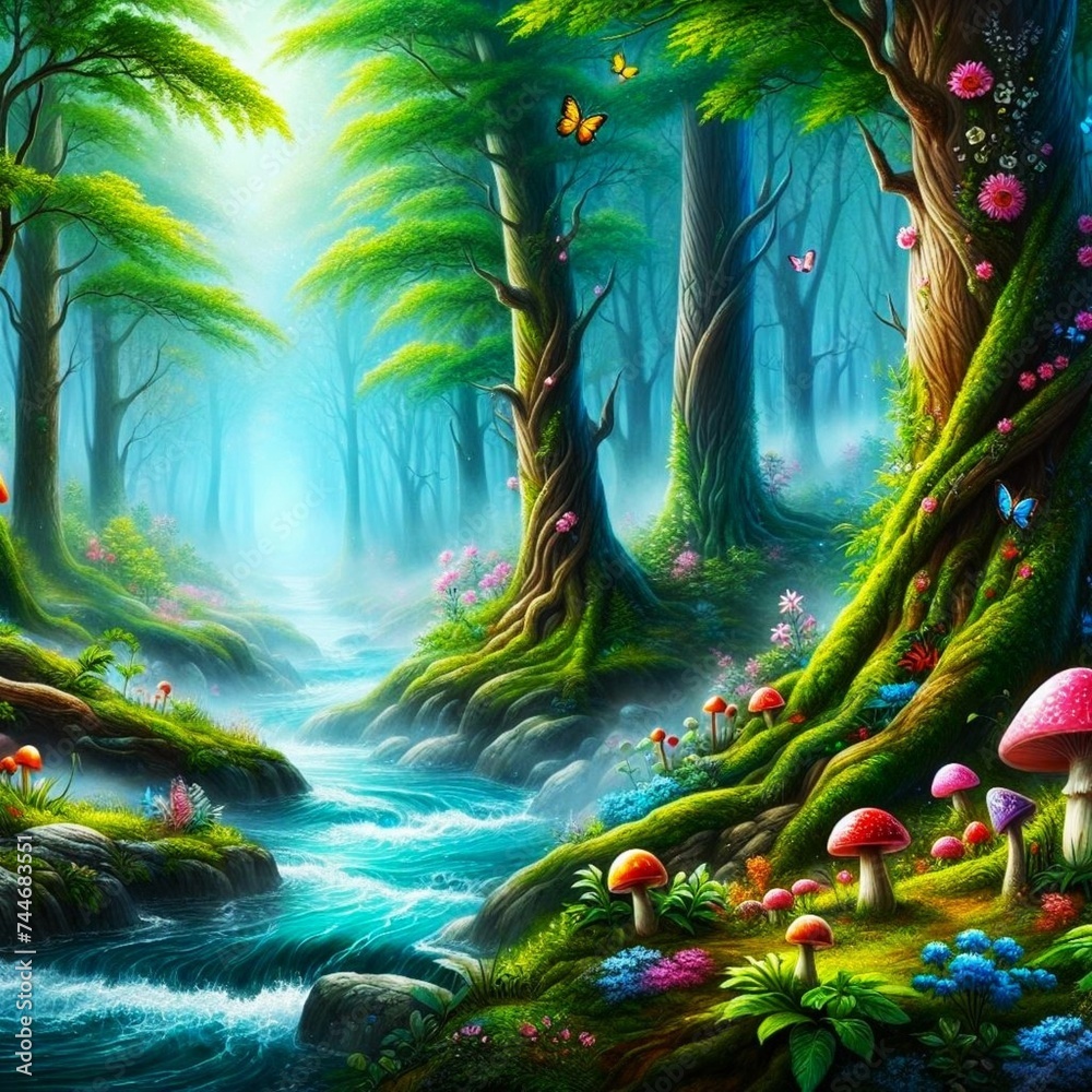 Rushing river in beautiful and mysterious fairy-tale forest. Stock ...