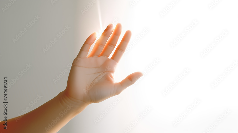 Interactive Success: A woman's hand gestures, touching the screen with ...