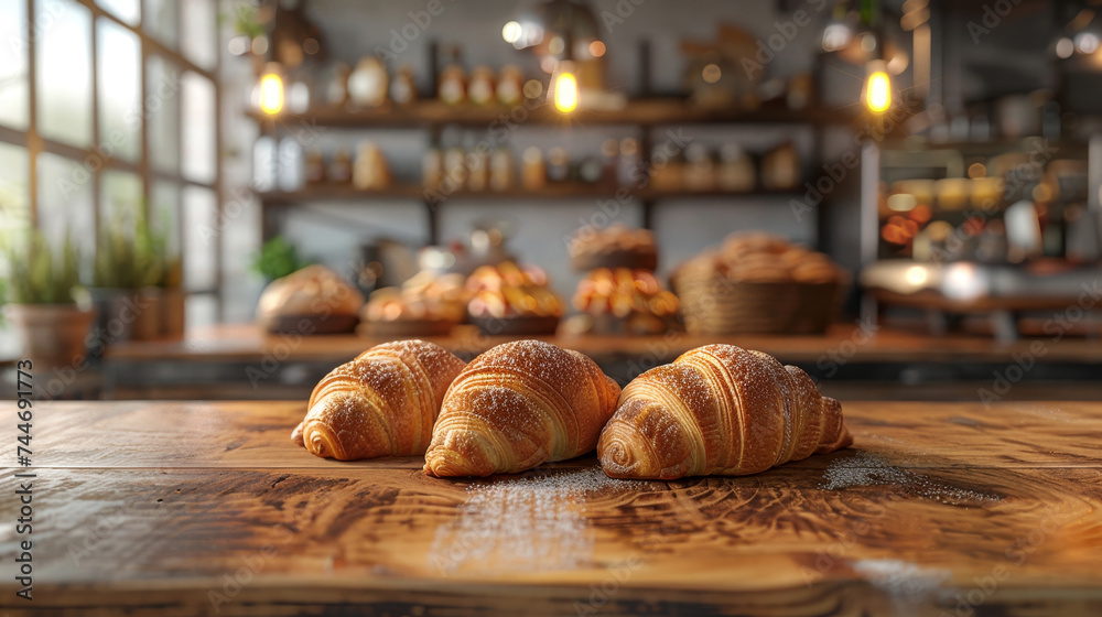 upscale bakery - long table with modern kitchen background Stock Photo ...