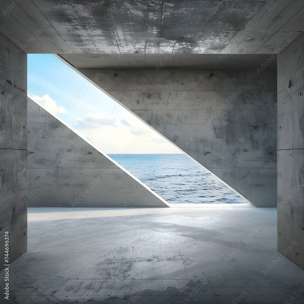 Abstract empty, modern concrete room with diagonal wall opening with ...