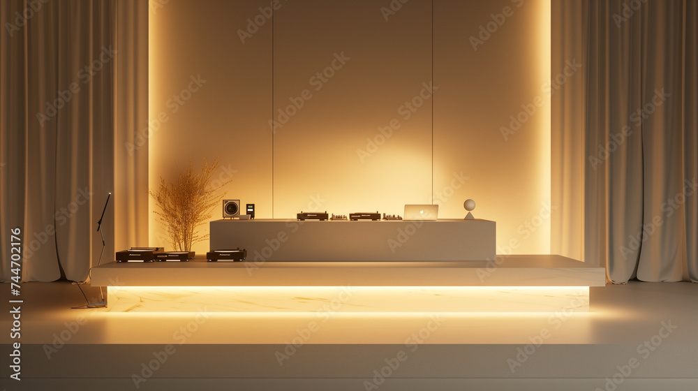 Foto de Minimalist studio setup with a sleek DJ booth illuminated by ...