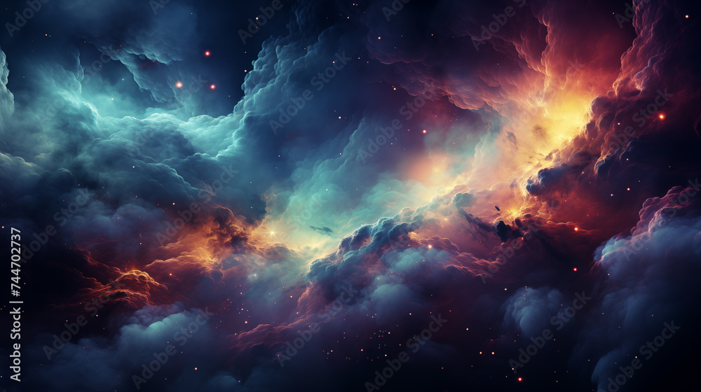 Dramatic cosmic sky with vibrant nebulae and stars, depicting outer ...