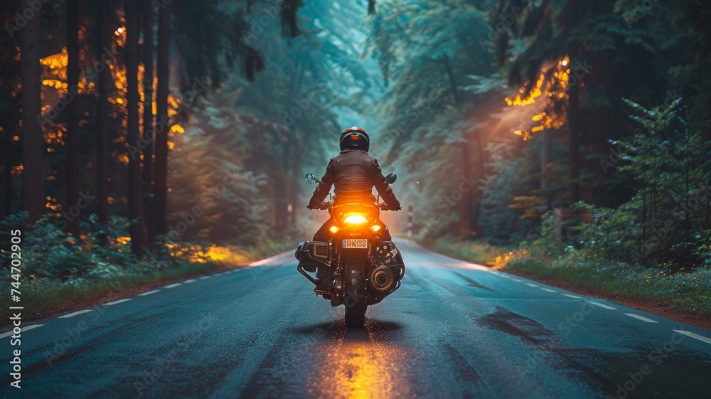 motorbike on the forest road riding. having fun driving the empty road ...