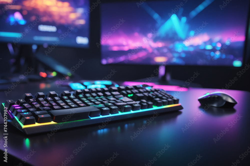 Gamer background, modern high-tech gaming setup with RGB lights on desk ...