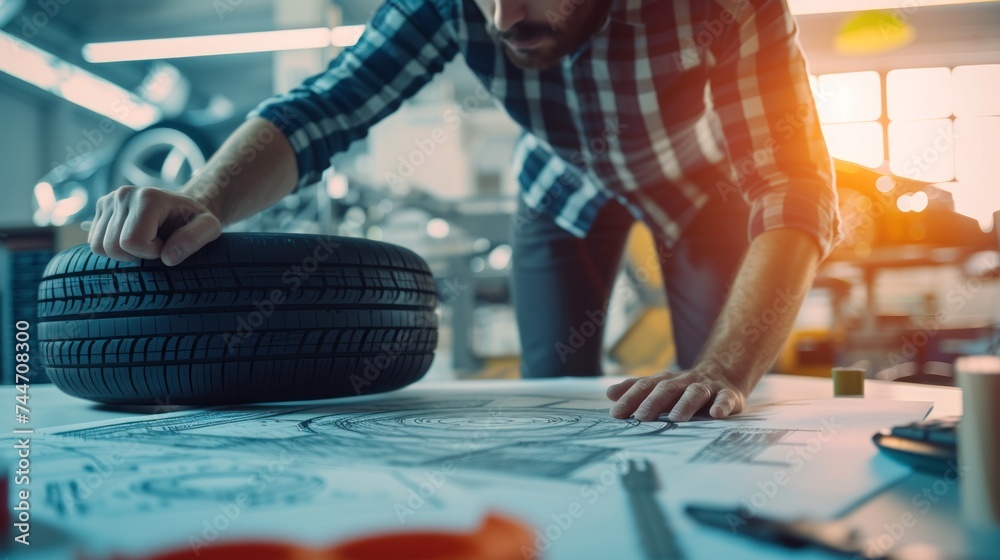 Engineer in a brainstorming session over new car tire designs, with ...