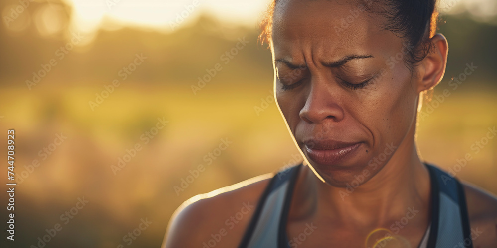 Lifestyle portrait of black woman athlete, exhausted and disappointed ...