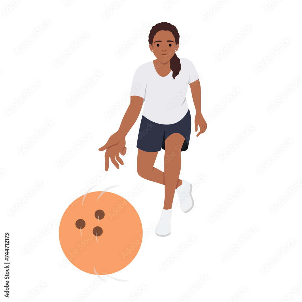 Pretty girl playing bowling front view with smile. Flat vector ...