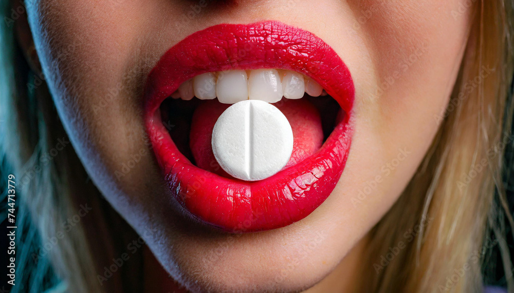 red lips gasping, holding pill, symbolizing drug dependency ...