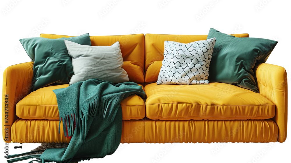 A yellow sofa with a green throw and a white pillow on a transparent ...