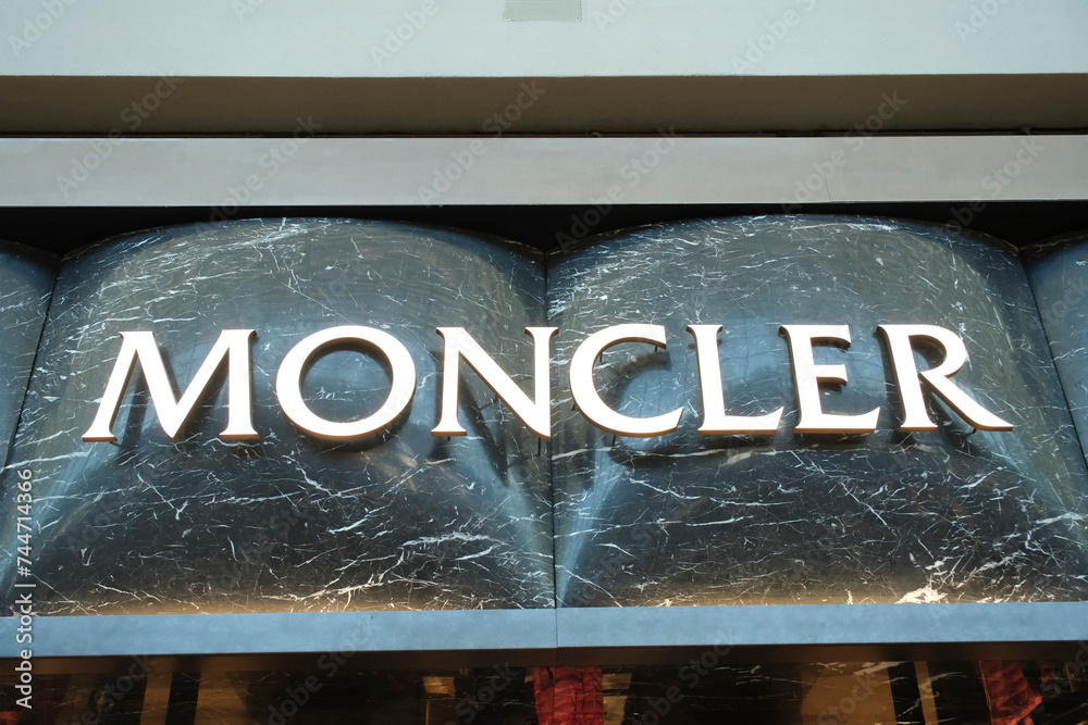 Singapore, Singapore february 19, 2024 : sign of Moncler, a fashion ...