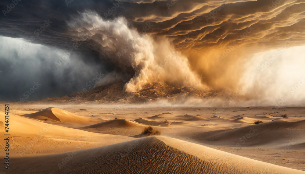 Digital art of a desert landscape engulfed in a dramatic sandstorm ...