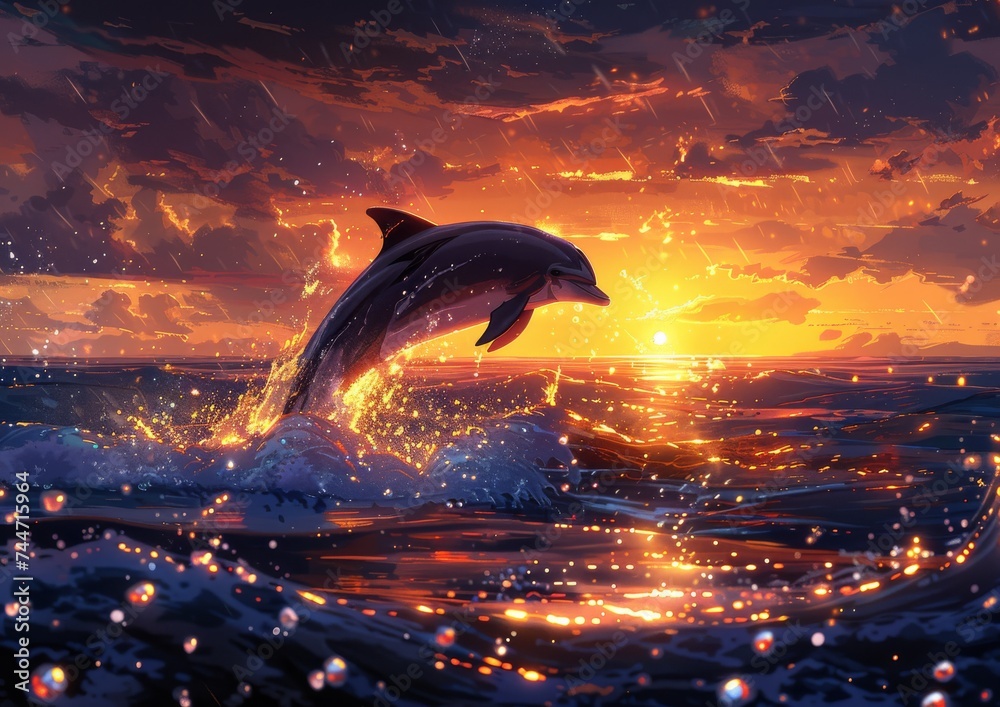 Magical Sunset Scene with a Dolphin Leaping Through Sparkling Waters ...