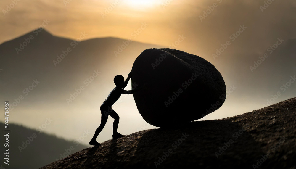 Silhouette pushing rock uphill, symbolizing resilience and perseverance ...