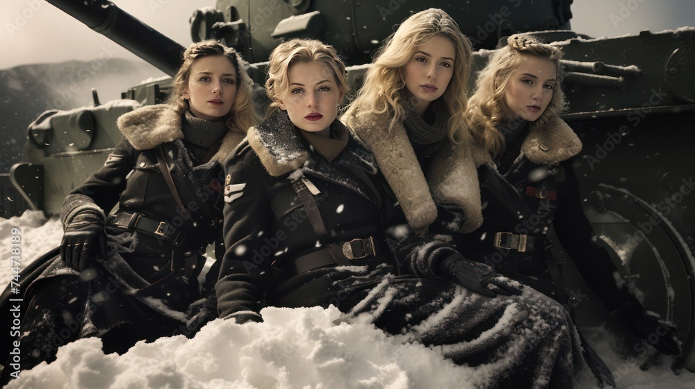 German Female Officers in WWII Uniforms Pose with Tank in Snow Ultra ...