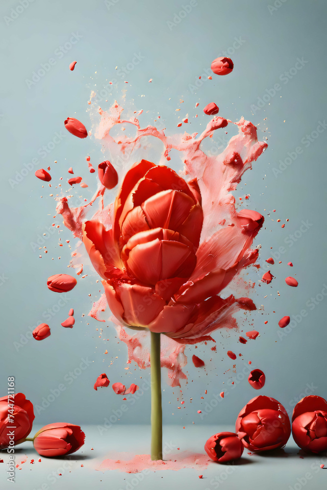 Red tulip petals scatter in all directions, flower explosion closeup ...