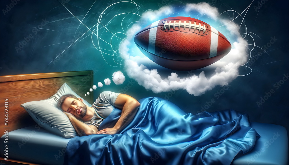 young man sleeping in a bed and dreaming of a cup of football Stock ...