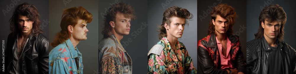 Set of 1980s fashion young teen men - mullet hairstyle - pop culture ...