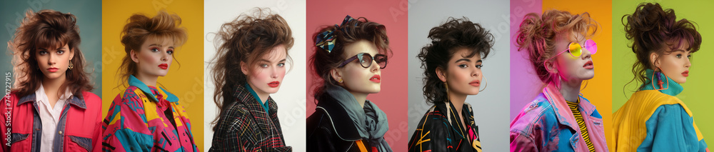 Set of 1980s fashion young pretty woman - mullet hairstyle - pop ...