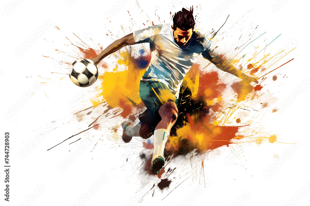 painting graphic of soccer player man kick ball and splash with colors ...