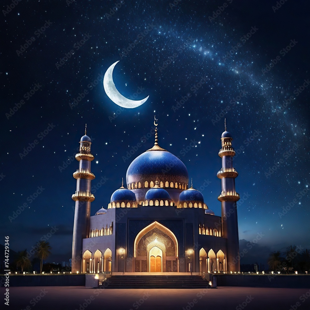 Eid ai fit Muslim mosque stand starry night adorned with a crescent ...