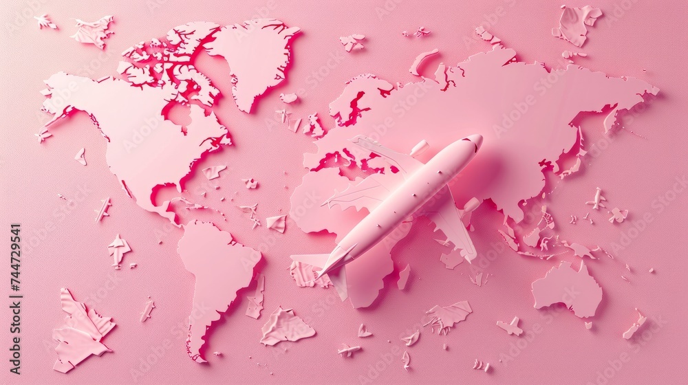 Explore the world in pink: pop-inspired pink world map with airplane ...