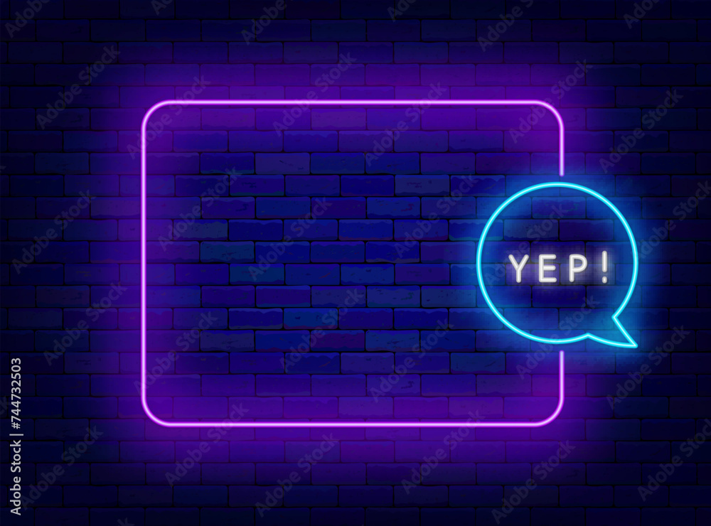 Approval neon advertising. Online communication. Empty purple frame and ...