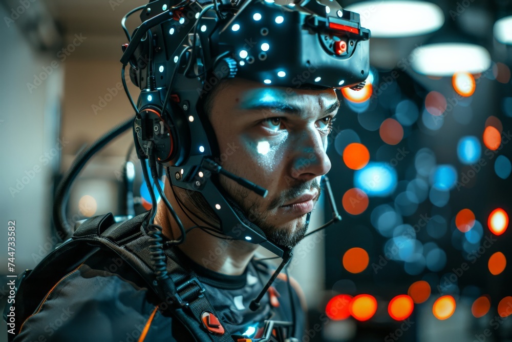 Man in a motion capture suit for a video game development session ...