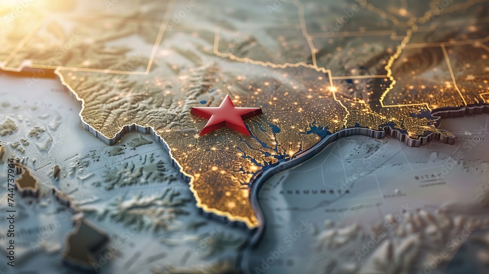 Vibrant texas state highlighted in striking red on detailed 3d map of ...