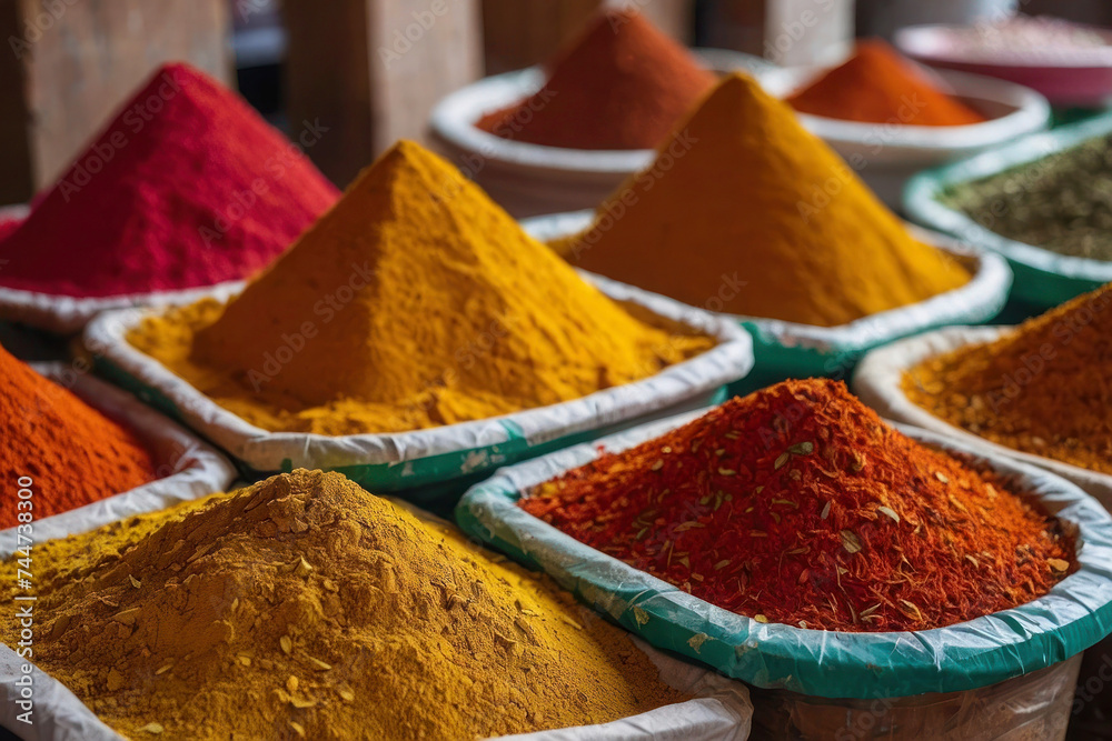 Eastern local market, piles of colorful aromatic spices. Sacks with ...