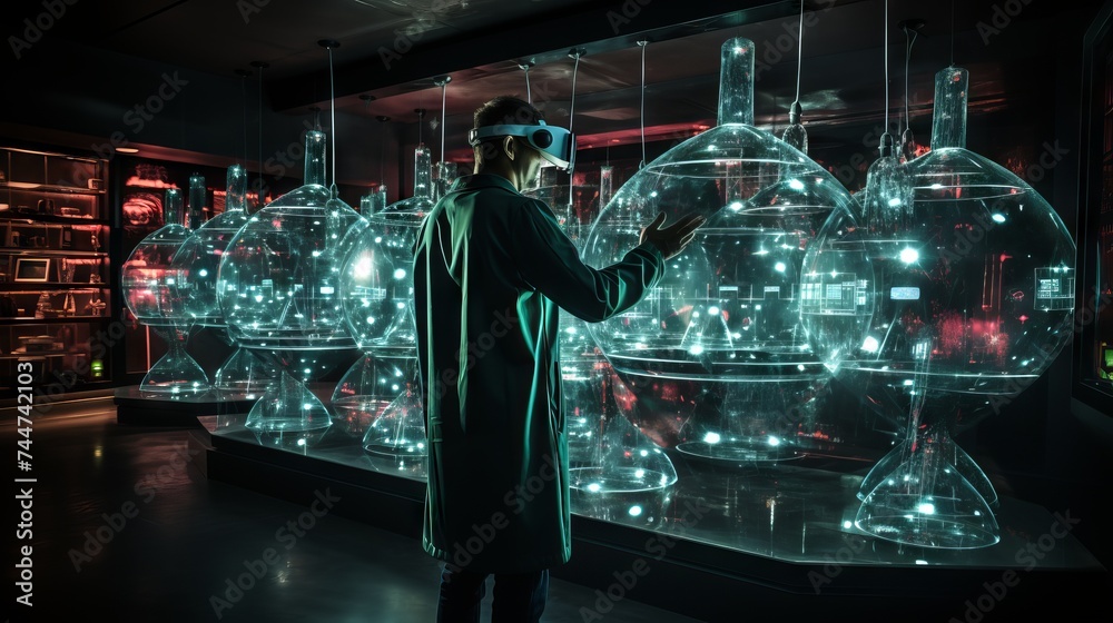 man wearing augmented reality glasses touches virtual objects. Concept ...