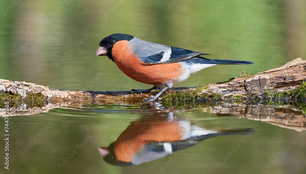 Male eurasian bullfinch, pyrrhula pyrrhula, sitting on a stump near ...