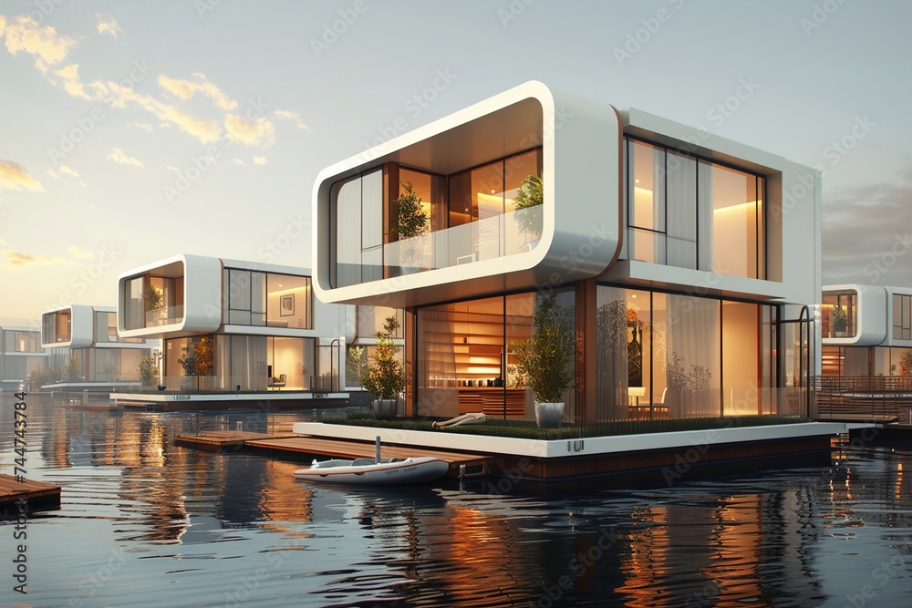 Modern floating homes, designed to withstand floods, showcasing ...