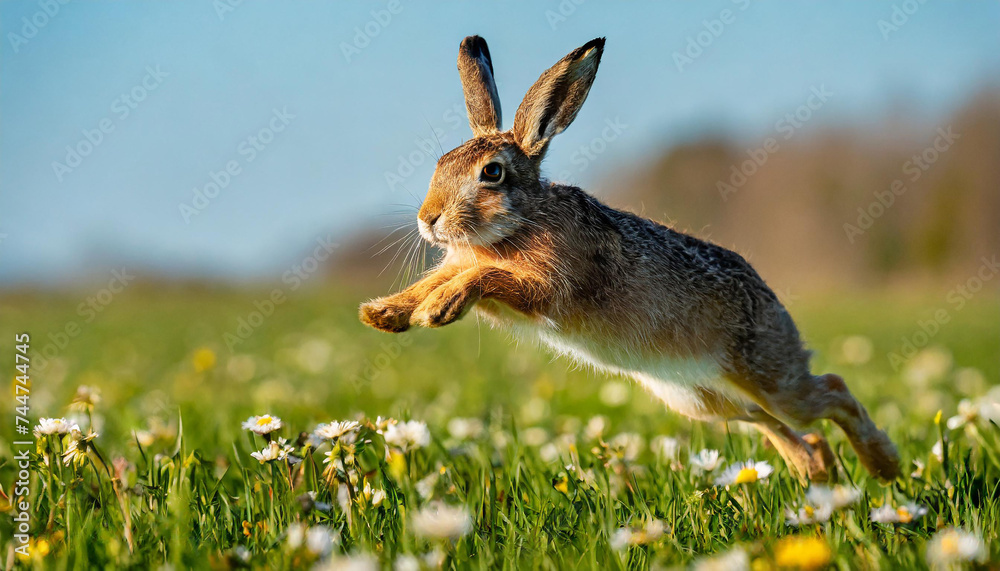 Brown hare, lepus europaeus, jumping in grass in springtime sunlight ...