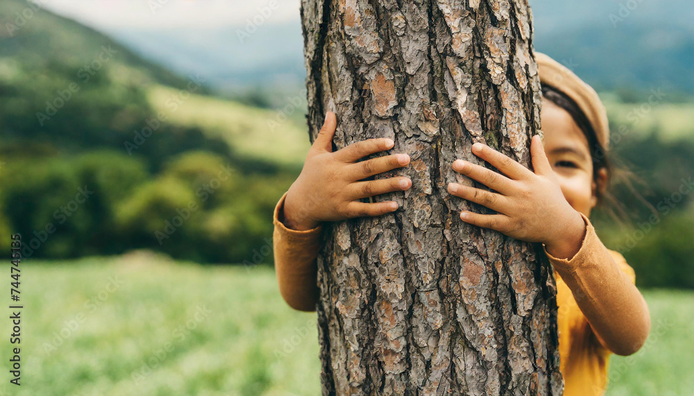 Nature lover, close up of child hands hugging tree with copy space ...