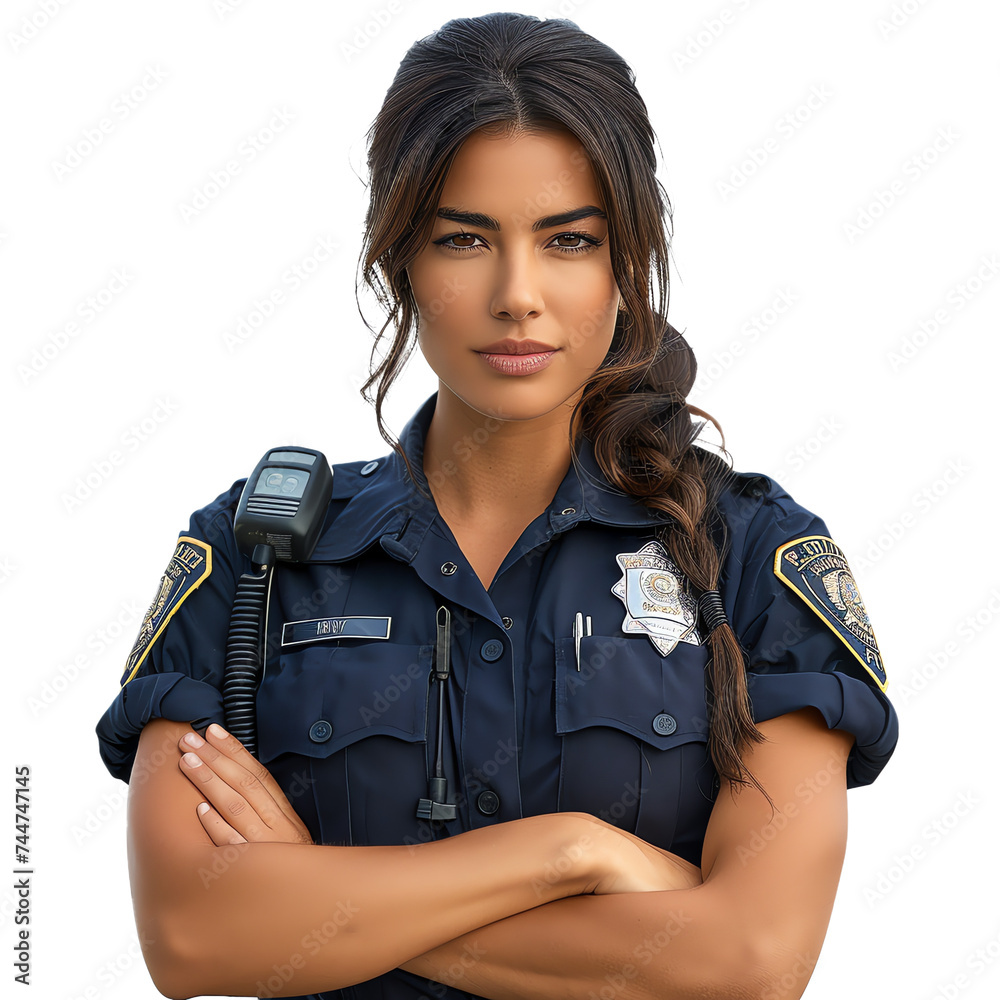 A serious portrait photo of a hispanic female police officer on a ...