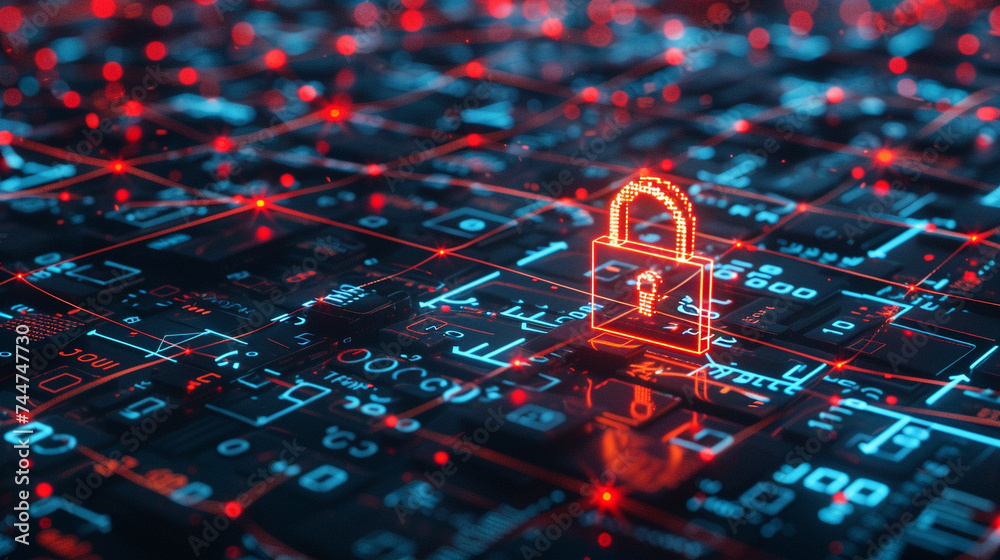 Cybersecurity concept represented by a singular secure digital lock in ...