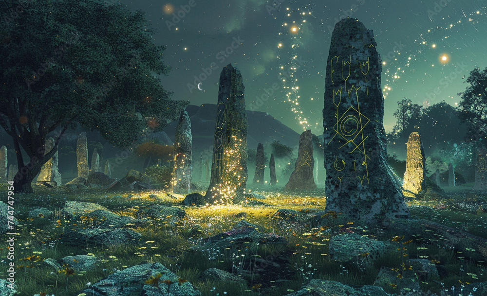 Elven kingdom at dawn runes glowing on ancient stones celestial beings ...
