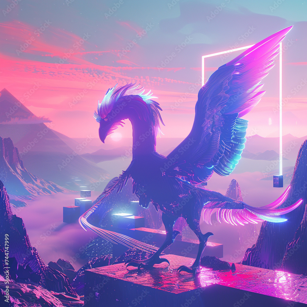 Futuristic dreamscape featuring a sleek minimal hippogriff embodying ...